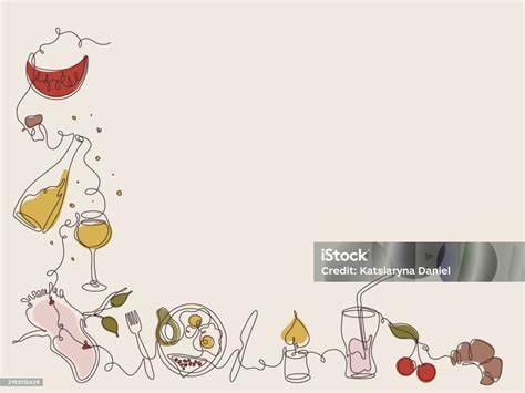 라인 아트 스타일의 음식과 음료 다양한 항목을 보여주는 개요 배경에는 우아한 안경 과일 접시가 포함됩니다 살바도르 달리 테마 디너 파티 손으로 그린 벡터 그림입니다 0명에