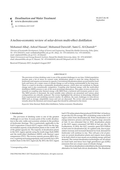 Pdf A Techno Economic Review Of Solar Driven Multi Effect Distillation