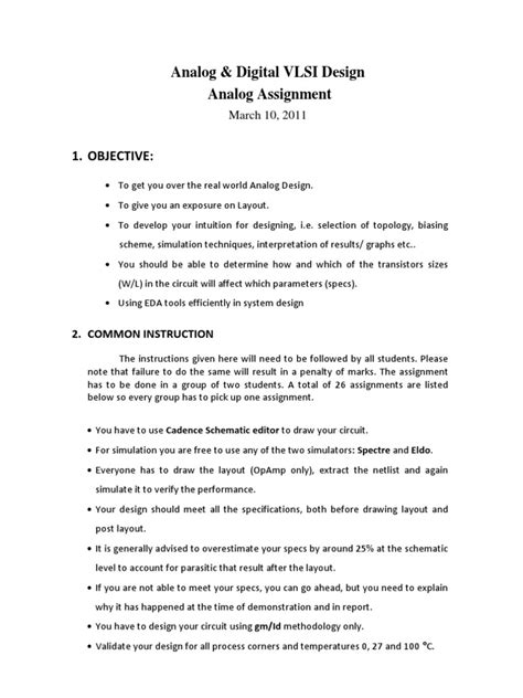 Analog And Digital Vlsi Design Analog Assignment 1 Objective Pdf