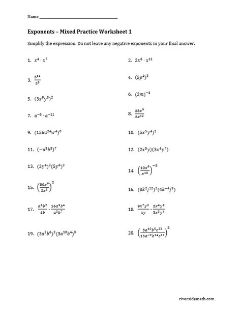 Exponents Riverside Math Worksheets Library