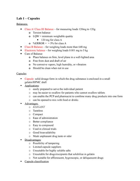 Dosage Form Lab Study Guide Lab 1 Capsules Balances Class A