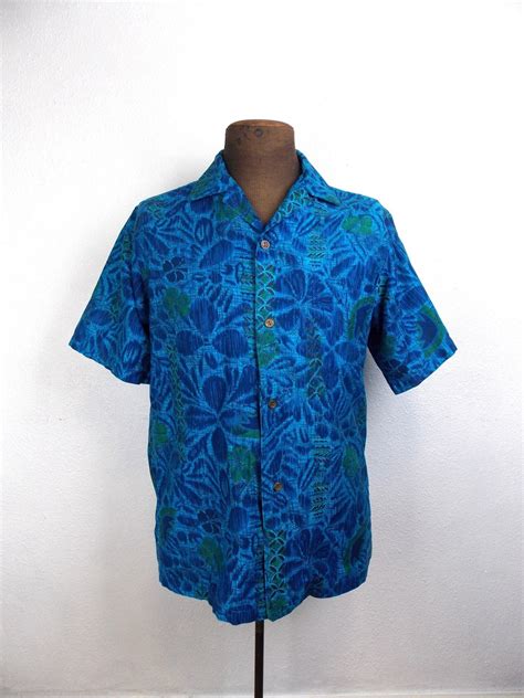 Vintage 60s 70s Hawaiian Shirt Diamond Head Sportswear Blue Floral Etsy