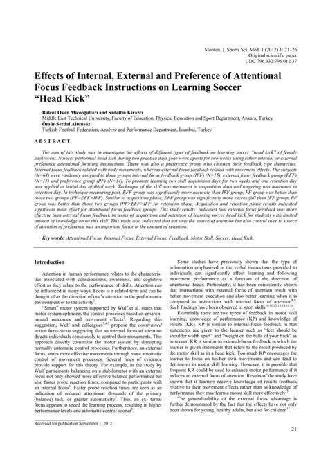 Pdf Effects Of Internal External And Preference Of Attentional Focus Feedback Instructions On