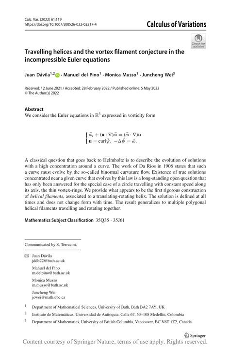 Pdf Travelling Helices And The Vortex Filament Conjecture In The