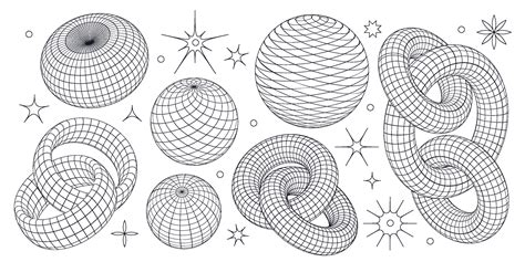 Set Of Wireframe 3d Geometric Shapes Wire Frame Abstract Figures Mesh Grids Of Intertwined