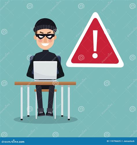 Scene Color Thief Man Hacker In Desk With Laptop Working In Alert Attack Stock Vector