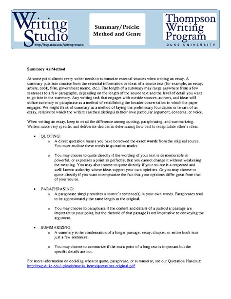 Duke Summary Method And Genre Handout Summaryprécis Method And