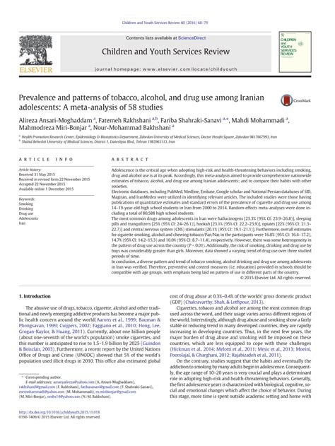 Pdf Prevalence And Patterns Of Tobacco Alcohol And Drug Use Among Iranian Adolescents A