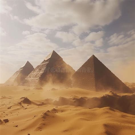 Three Pyramids In The Giza Desert Under A Cloudy Sky Stock Illustration