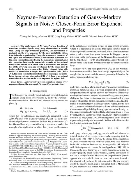 Pdf Neyman Pearson Detection Of Gauss Markov Signals In Noise Closed Form Error Exponent And