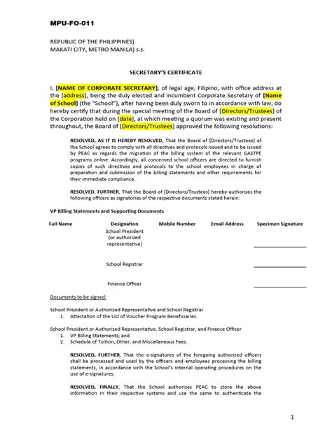 Secretarys Certificate On Assigning Signatories In The Voucher Program4