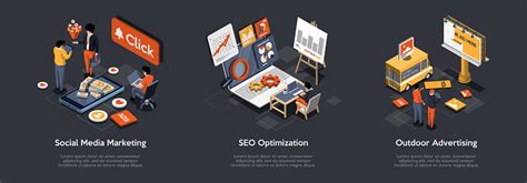 소셜 미디어 마케팅 프로모션 Seo 최적화 옥외 광고 Smm 관리자는 성공적인 전략 마케팅 퍼널 리드 생성을 개발합니다 아이소메트릭 3d 만화 벡터 일러스트 레이 션 세트