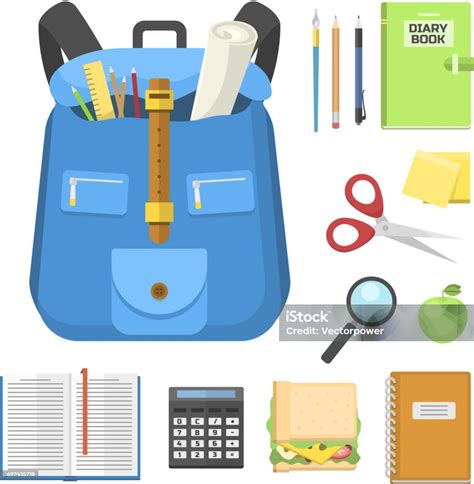 학교 가방 배낭 가득 어린이 고정 지퍼 교육 자루 벡터 일러스트 레이 션 공급 가득 찬에 대한 스톡 벡터 아트 및 기타 이미지 가득 찬 가방 가위 Istock