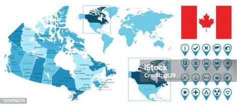 캐나다는 세계지도에 국가 국기와 위치와 관리 파란색지도를 자세히 설명했다 몬트리올에 대한 스톡 벡터 아트 및 기타 이미지 몬트리올 지도 캐나다 Istock