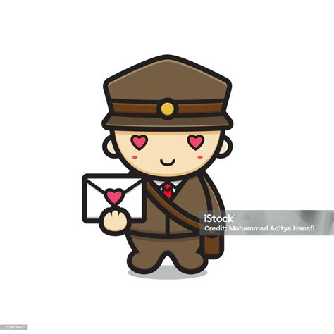 사랑 편지 벡터 만화 아이콘 일러스트를 들고 귀여운 우체부 마스코트 캐릭터 가공의 인물에 대한 스톡 벡터 아트 및 기타 이미지