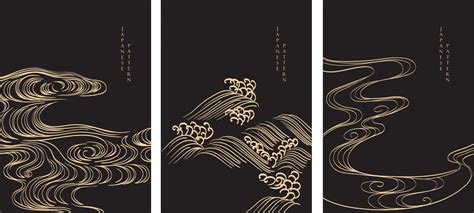 Hand Drawn Wave Pattern With Japanese Background Vector Oriental Template With Gold Line