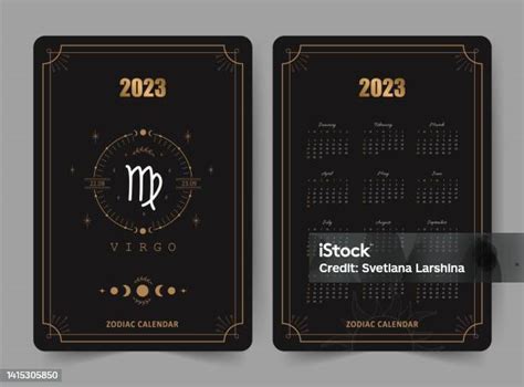 조디악 처녀자리 달력 2023 포켓 크기 앞면과 뒷면 주간은 일요일에 시작됩니다 점성술 벡터 템플릿을 인쇄 할 준비가되었습니다