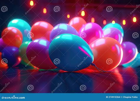 Balloons With Neon Lights On Colors Background Ai Generated Stock