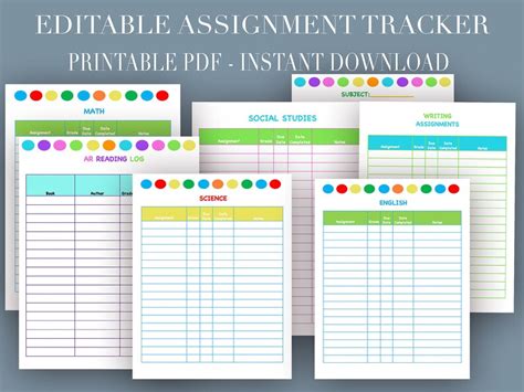 Editable Printable Assignment Tracker Assignment Planner Homework Homework Due Log Instant