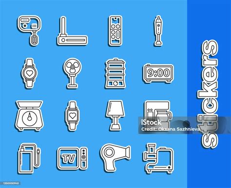 세트 라인 주방 고기 분쇄기 유리 냄비와 커피 기계 디지털 알람 시계 원격 제어 전기 팬 심장 박동 속도 보여주는 스마트 시계 믹서와 더블 보일러 아이콘 벡터 규모에 대한