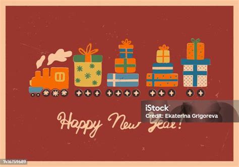 귀여운 복고풍 기관차 엔진인 증기 기관차는 선물 활과 리본이 달린 선물 상자를 제공합니다 크리스마스 빈티지 스타일의 새해 복 많이 받으세요 인사말 카드 벡터 손으로 그린