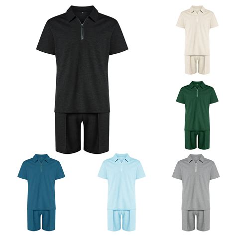 남성 캐주얼 투피스 의류 P O Lo 셔츠 세트 P O Lo 칼라 반팔 상의 탄성 허리 반바지 블랙 다크 블루풀오버 Aliexpress
