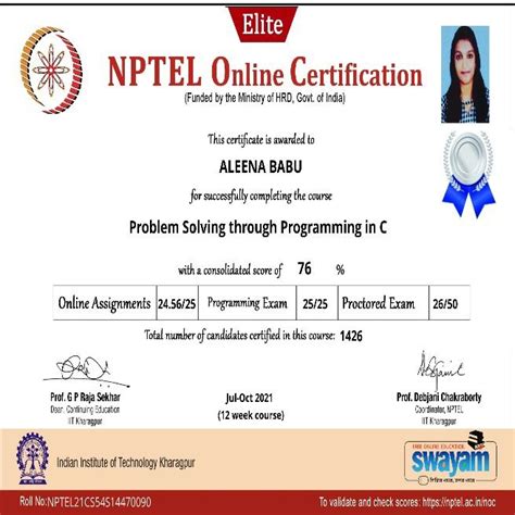 Aleena Babu On Linkedin Successfully Completed Nptel Problem Solving Through Programming In C With