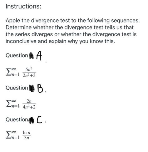 solved apply the divergence test to the following sequences