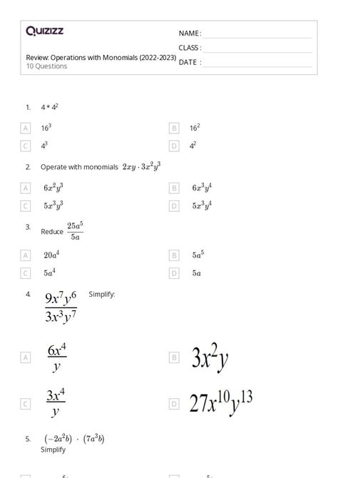 50 Monomials Operations Worksheets On Quizizz Free And Printable