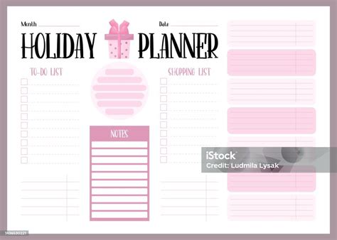 휴일 플래너 주최자 주간 목록 할 일 쇼핑 목록 및 메모 벡터 일러스트레이션 새해와 크리스마스 축제 디자인 인쇄 장식 문구류를위한 수평 템플릿 플래너 계획에 대한 스톡 벡터