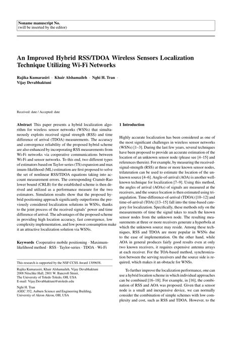 Pdf An Improved Hybrid Rsstdoa Wireless Sensors Localization Technique Utilizing Wi Fi Networks