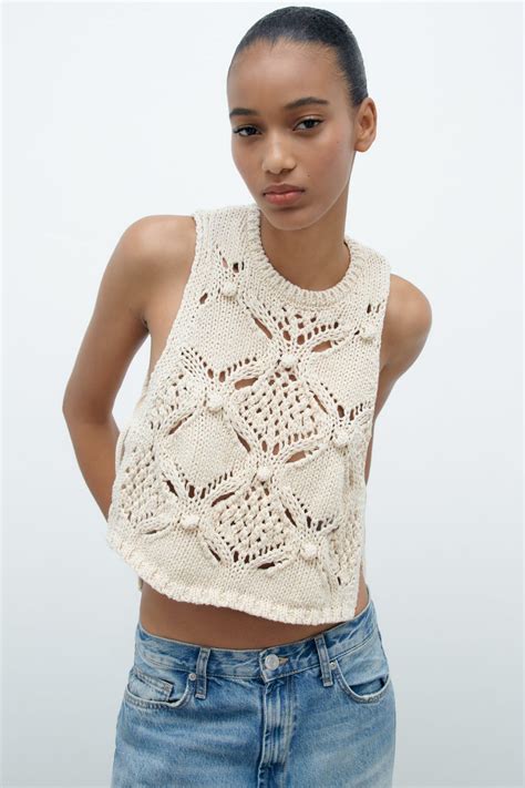Zara Crochet Top With Textured Knit For Spring Zara Knitted Cotton
