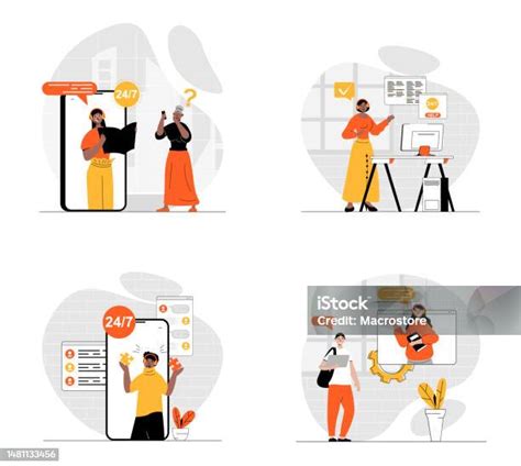 문자 집합이 있는 고객 지원 개념입니다 헤드셋 상담 고객과 통화 및 온라인 채팅을 통해 기술 문제를 해결하는 장면 모음 평면 웹 디자인의 벡터 삽화 일함에 대한 스톡 벡터