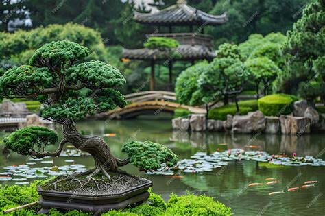 Serene Japanese Garden With Traditional Pagoda And Bonsai Trees Asian