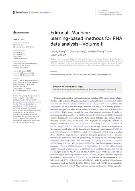 PDF Editorial Machine Learning Based Methods For RNA Data AnalysisVolume II