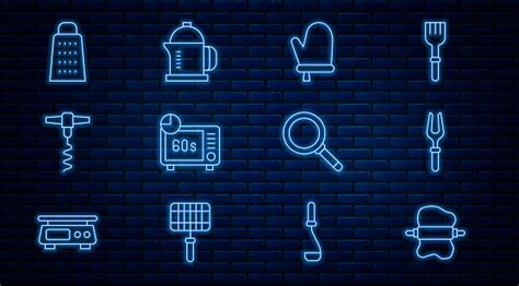 반죽에 롤링 핀 바베큐 포크 오븐 장갑 전자 레인지 와인 코르크 마개 강판 프라이팬 및 프렌치 프레스 아이콘을 설정합니다 벡터 가정 생활에 대한 스톡 벡터 아트 및 기타