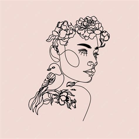 꽃을 든 여자 머리 연속 선 그리기 세트 여성 자연 한 줄 추상 초상화 여자 얼굴 미니멀리스트 윤곽 벽 예술 디자인 화장품 또는