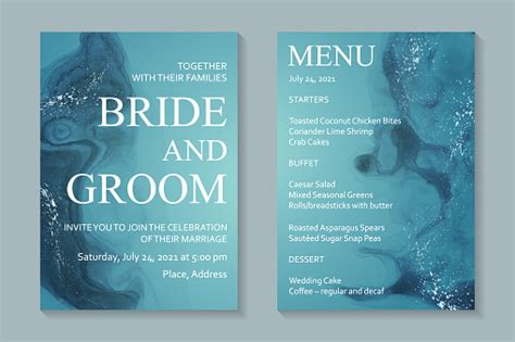 실버 반짝이와 알코올 잉크 스타일의 푸른 수채화 파도 또는 유체 예술결혼식 초대장 Rsvp에 대한 스톡 벡터 아트 및 기타 이미지 Rsvp 결혼식 대리석 효과