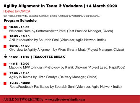 program schedule for agile network india s “agility alignment in team