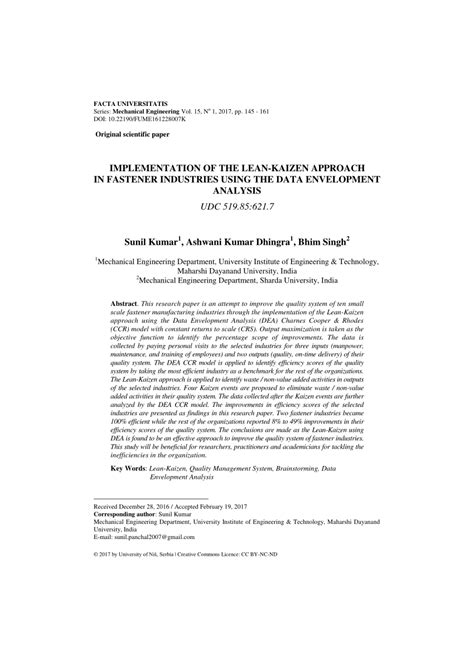 Pdf Implementation Of The Lean Kaizen Approach In Fastener Industries