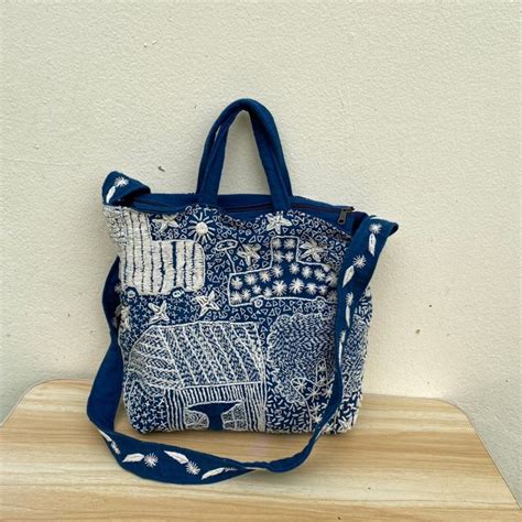 ส่งฟรี กระเป๋าผ้าฝ้ายทอมือ ย้อมครามธรรมชาติ กระเป๋าผ้าฝ้ายด้นมือ กระเป๋าแฮนด์แมด กระเป๋าถือผ้า