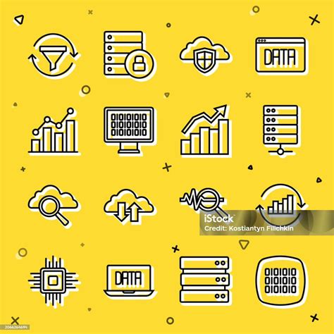 라인 바이너리 코드 파이 차트 인포 그래픽 서버 클라우드 및 방패 판매 깔때기 및 재무 성장 아이콘을 설정합니다 벡터 검은색에