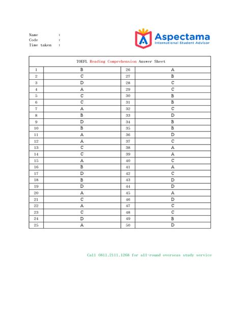Toefl Reading Answer Sheet Pdf