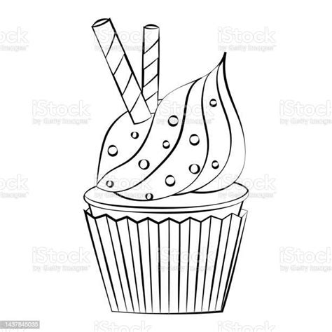 얇은 선으로 크림과 장식을 가진 컵케익 흰색 배경에 벡터 갈색에 대한 스톡 벡터 아트 및 기타 이미지 갈색 건강에 좋지 않은 음식 낙서 드로잉 Istock
