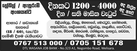 Label Packing Assistant Dtl Wasana Job Bank