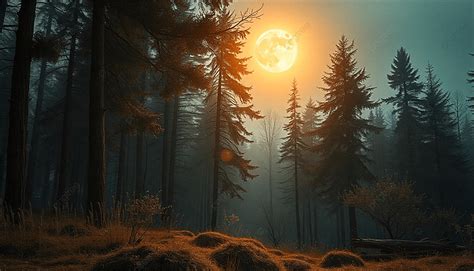 아름다운 성장의 숲 풍경 달빛 밤 숲 환경 무료 신비로운 달밤 이미지 소나무 숲 위에 보름달 배경 일러스트 및 사진 무료 다운로드 Pngtree
