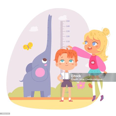 어린이 친구들은 눈금자와 쾌활한 코끼리 벡터 일러스트레이션으로 높이를 측정합니다 아기 소년과 함께 서있는 만화 소녀 센티미터의