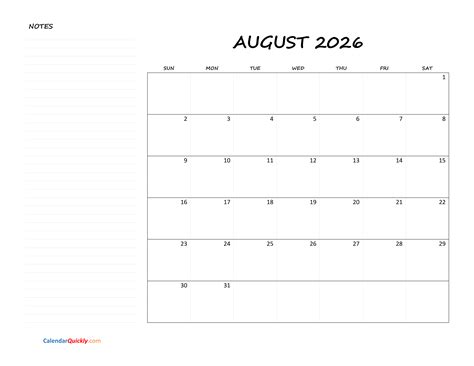 August Blank Calendar 2026 With Notes Calendar Quickly