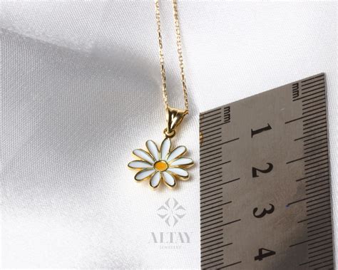 14k Gold Daisy Necklace Gold Flower Pendant Yellow And White Enamel