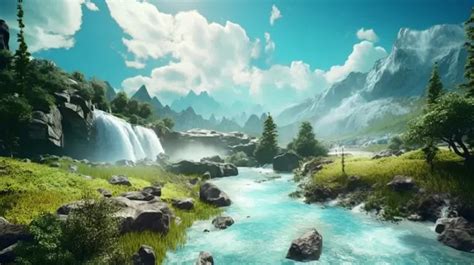 푸른 계곡 계단식 폭포와 격동의 물이 있는 장엄한 산악 풍경의 3d 그림 작은 만 폭포 산 폭포 배경 일러스트 및 사진 무료 다운로드 Pngtree